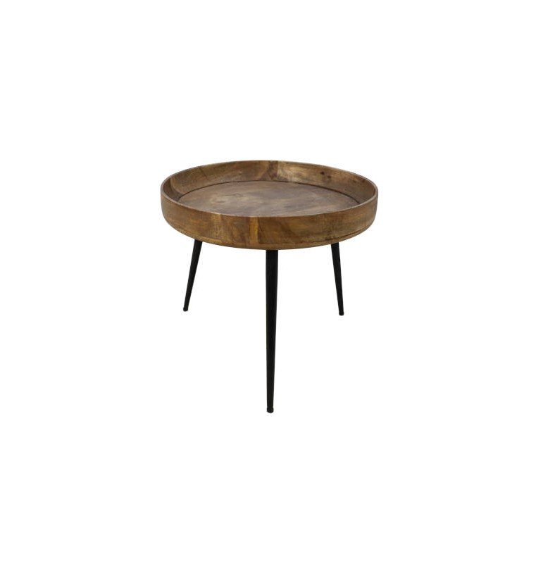 Table basse ronde à rebord en manguier & métal