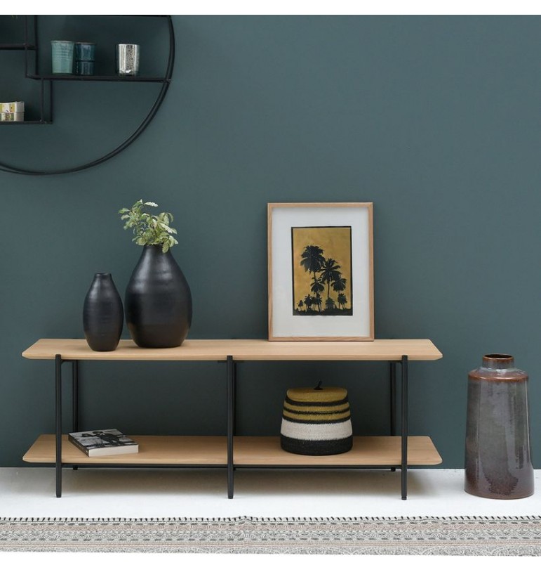 Meuble TV avec tablettes en chêne & pieds métal