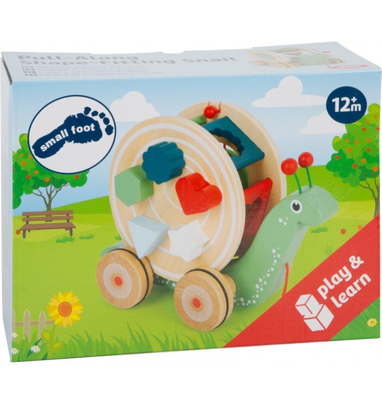 Pull-along snail with wooden puzzle wheel